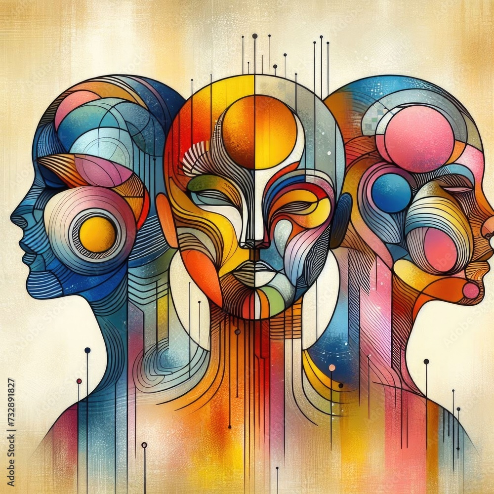 abstract art featuring three figures against a light background. Each ...