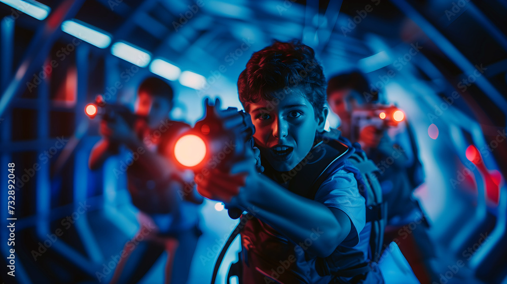 Excited boy and friends in a neon lit arena enjoying a futuristic laser ...