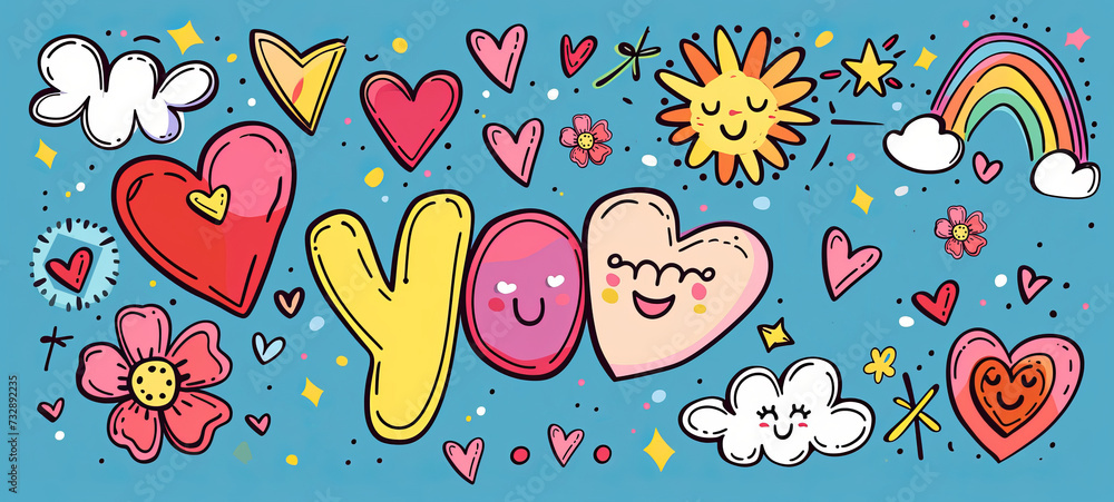 Love Set, The Word You, minimalist set, doodle art, cartoon symbols ...