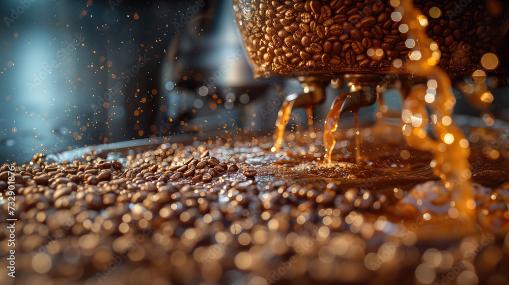 Coffee beans condense into coffee and coffee powder. Coffee beans ...