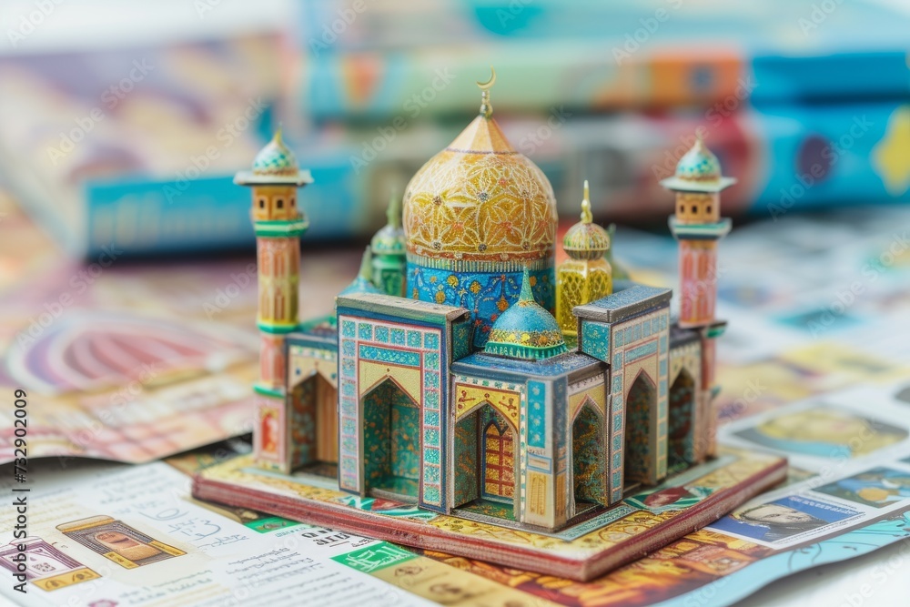 The mosque model showcases elaborate patterns and designs, with domes ...