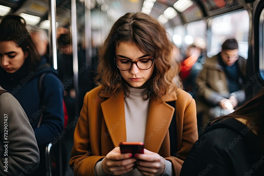 Zoomed out view of an girl in a busy train, scrolling on her phone ...