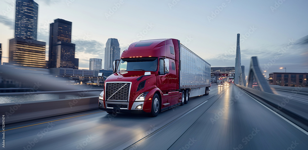 Transportation logistics efficiency showcased by a red semi truck on a ...