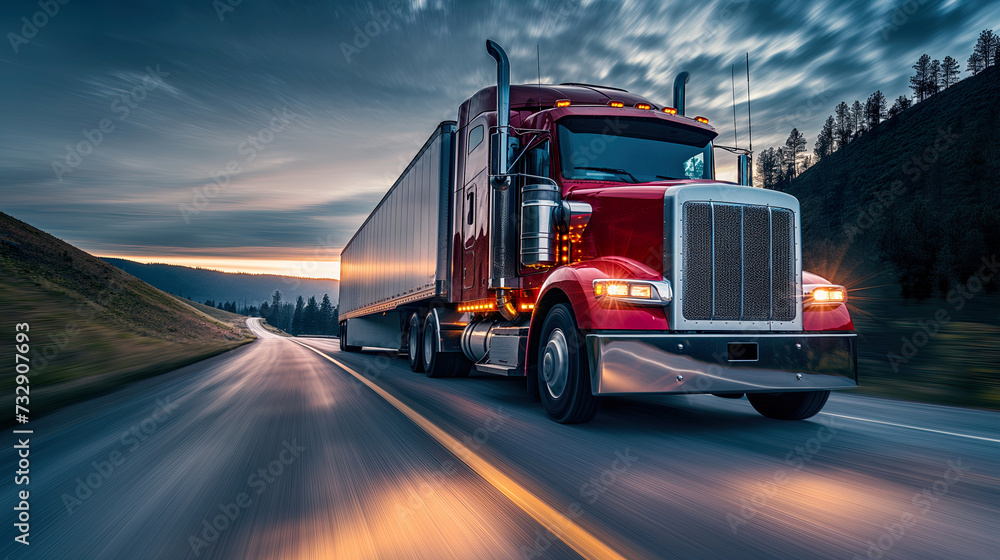 Transportation logistics at golden hour with semi-truck on highway ...