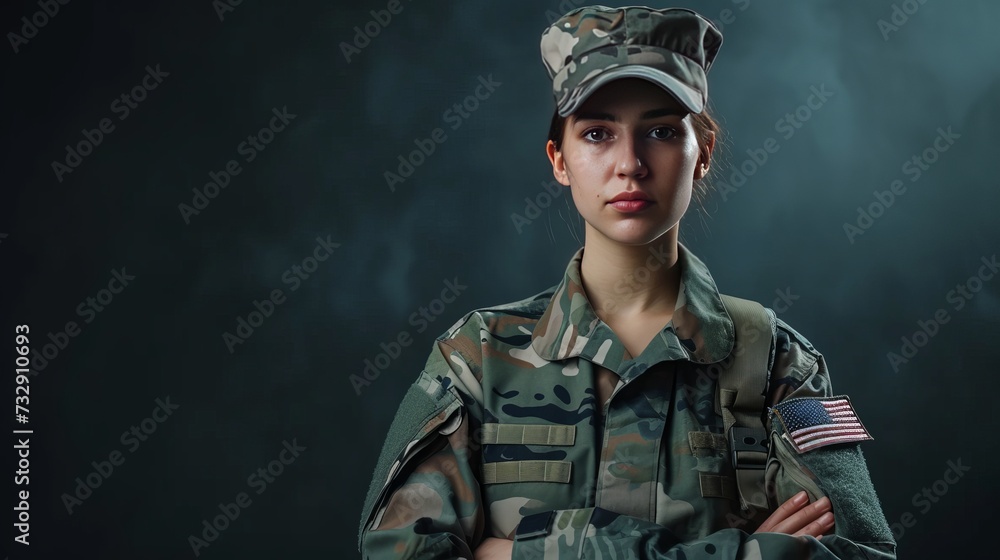 Fearless young servicewoman in a camouflage military outfit with the US ...