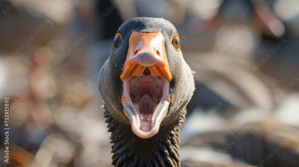 Close-up shot captures an angry goose in an aggressive stance, its beak ...