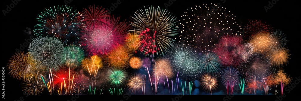A variety of colorful fireworks isolated on black background, 4k, hyper ...