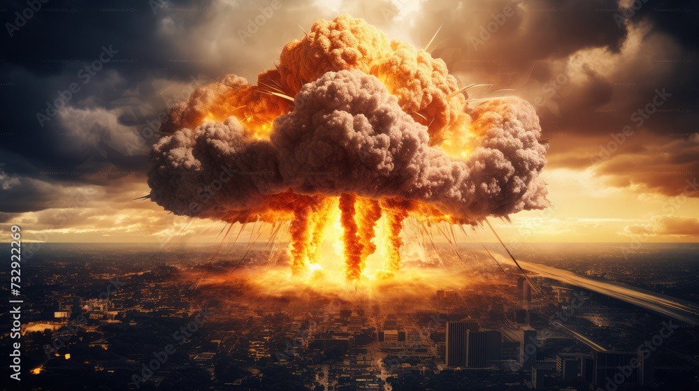 Nuclear explosion of an atom bomb with a mushroom cloud causing an ...