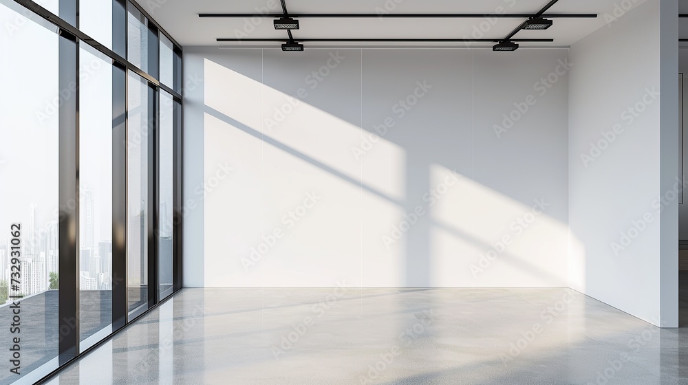 Spacious empty room with front view on blank white walls, and windows ...