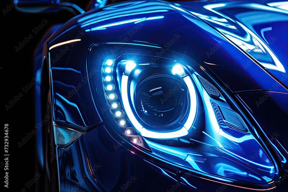 Blue modern car headlights with LED technology in close up detail on ...