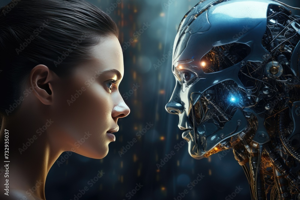 Machine vs human: AI robot and man facing each other, The concept of ...