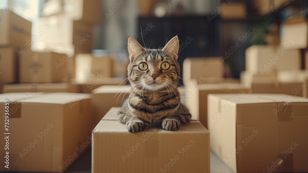 Curious Cat Amidst Cardboard Kingdom, watchful cat sits perched atop a ...