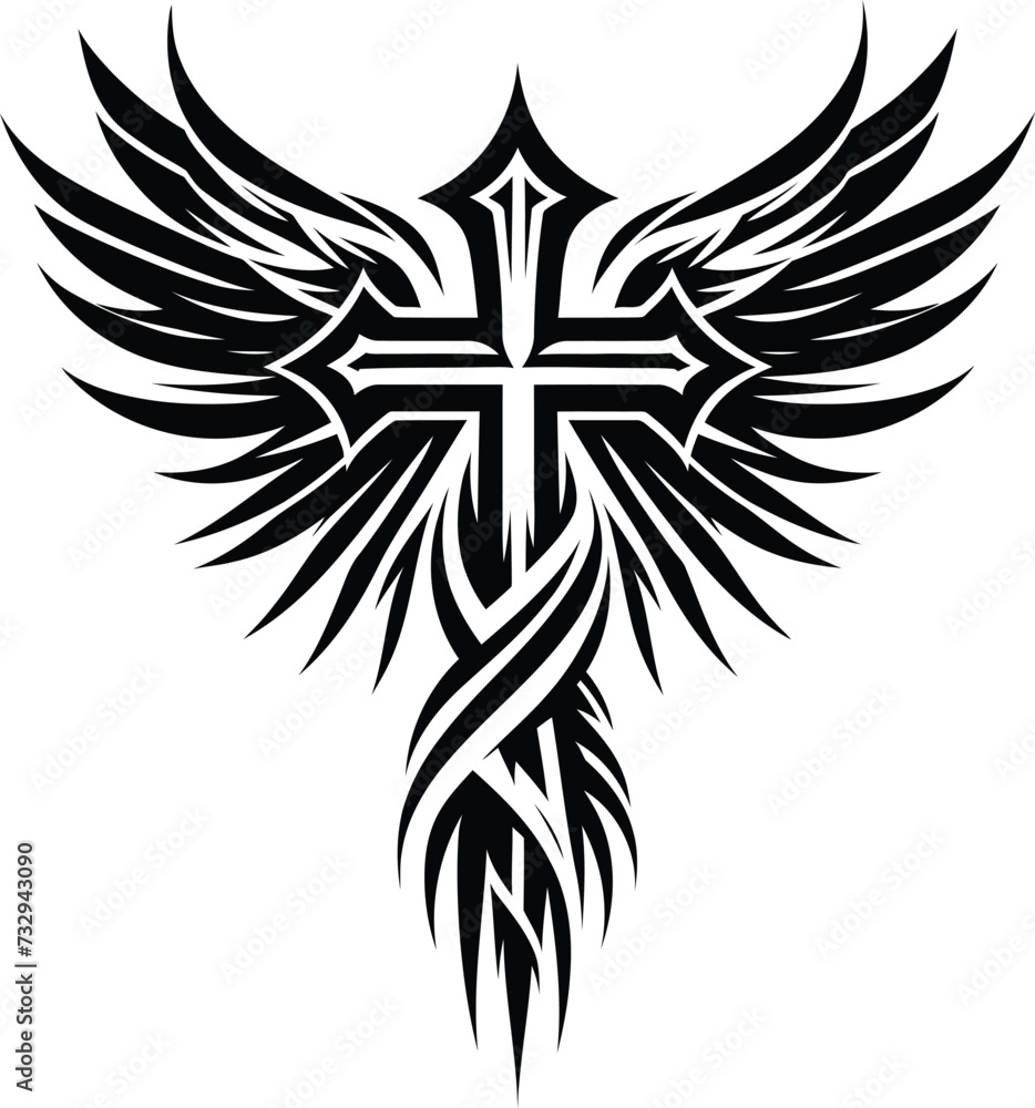 modern tribal tattoo cross wing, abstract line art, minimalist contour ...