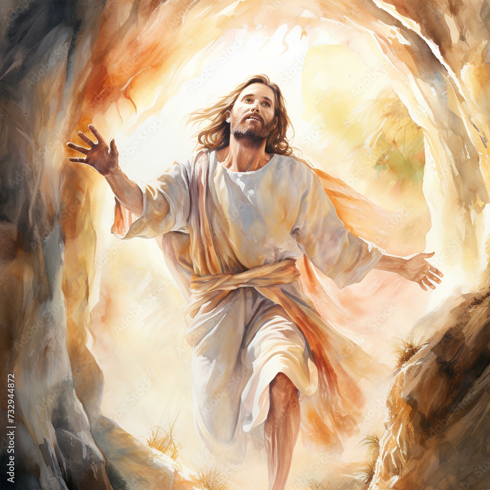 Jesus in a cave praying, the resurrection of Christ.Watercolor ...