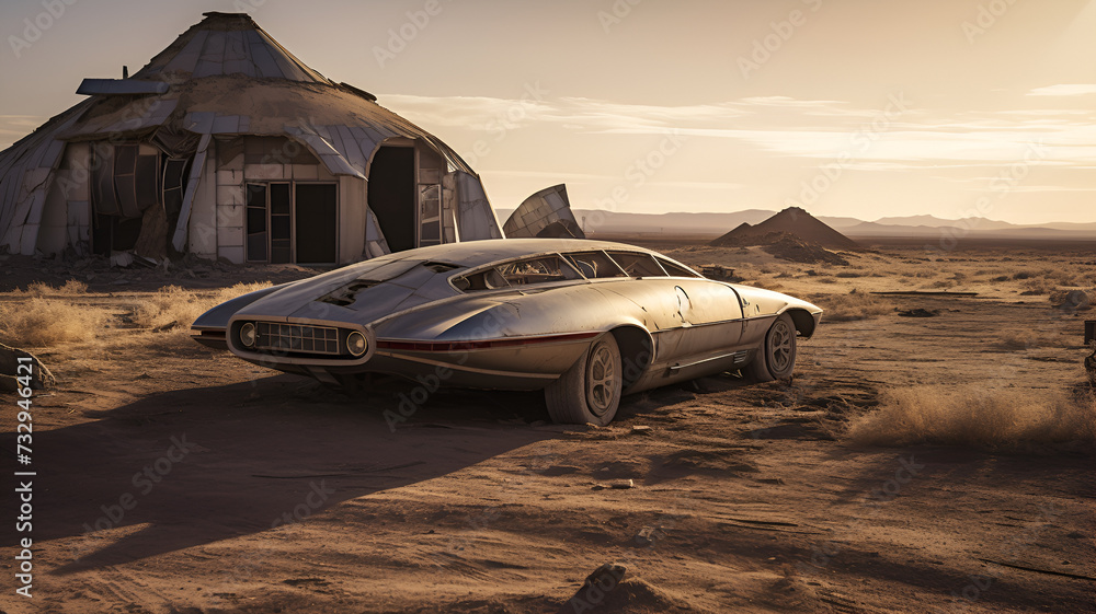 Futuristic Relic: Photograph of Abandoned Car in a Dystopian Landscape ...