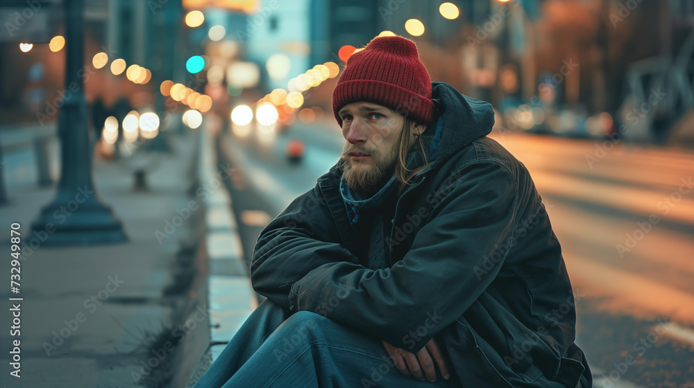 A homeless desperate young man sitting next to an highway in a big ...