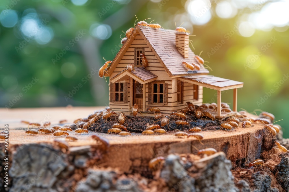 Large termites that are chewing on a house model,copy space. Stock ...