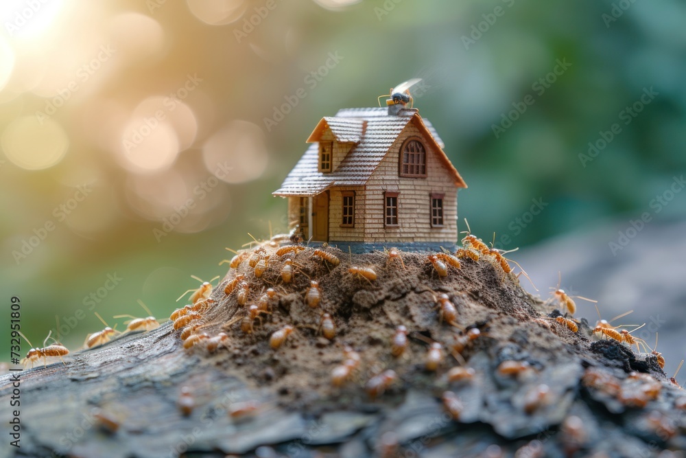 Large termites that are chewing on a house model,copy space. Stock ...