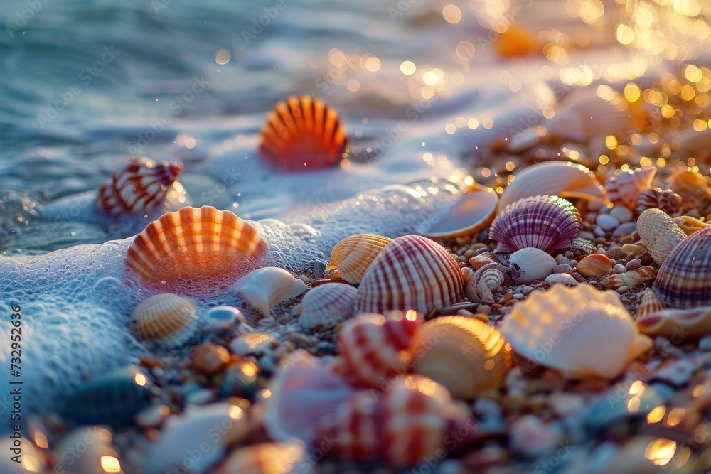 Colorful Seashells Collection on Pebbled Shore. Close-up of vibrant ...