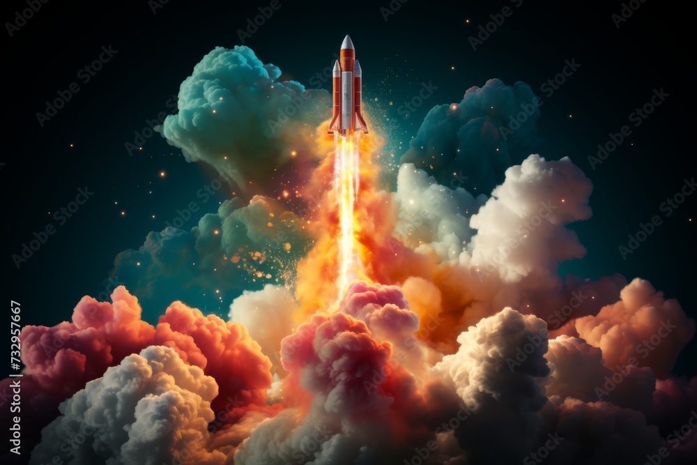 The powerful spaceship ascends through billowing fumes and clouds ...