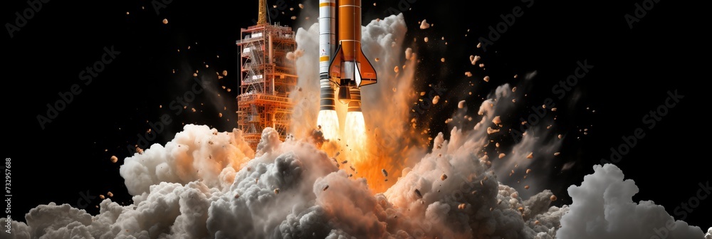 At the moment of lift-off, the fiery, roaring engines propel the ...