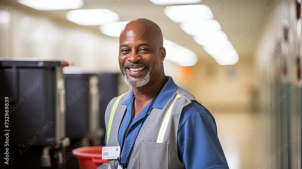 African American school janitor with a smile and a broom standing in a ...