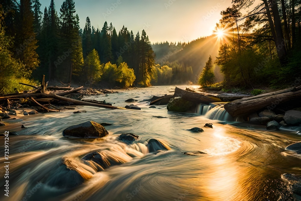 A close-up shot of a wilted and polluted river flowing through a forest ...