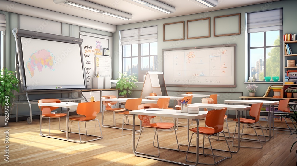 A modern classroom layout with collaborative group seating and ...