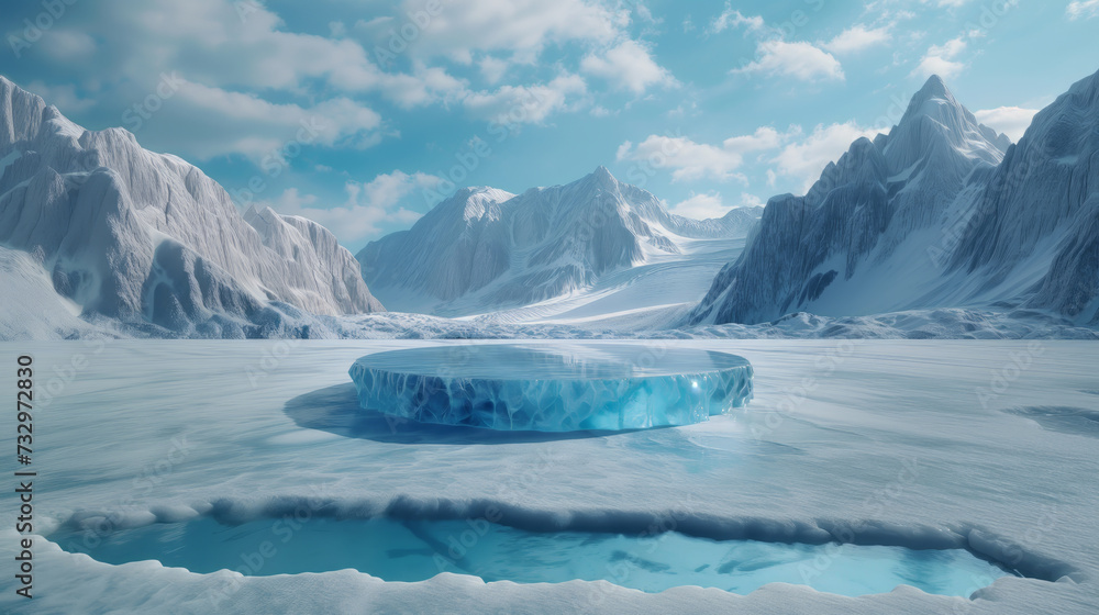 empty crystal clear ice podium on pristine landscape of mountains, snow ...