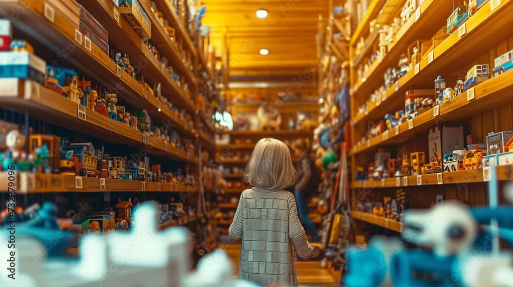 Child in awe exploring a toy store's magical aisle, surrounded by ...