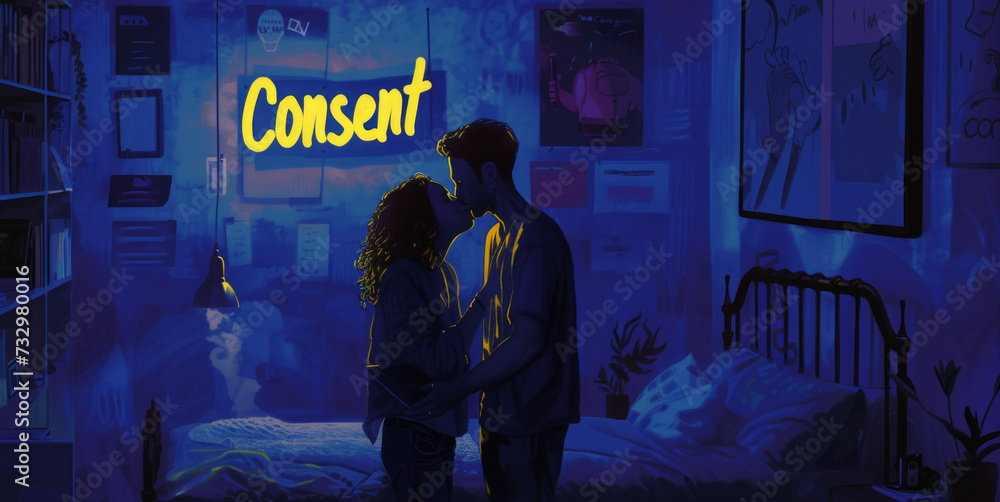 Consent concept illustration with a man and woman couple on bed in a ...