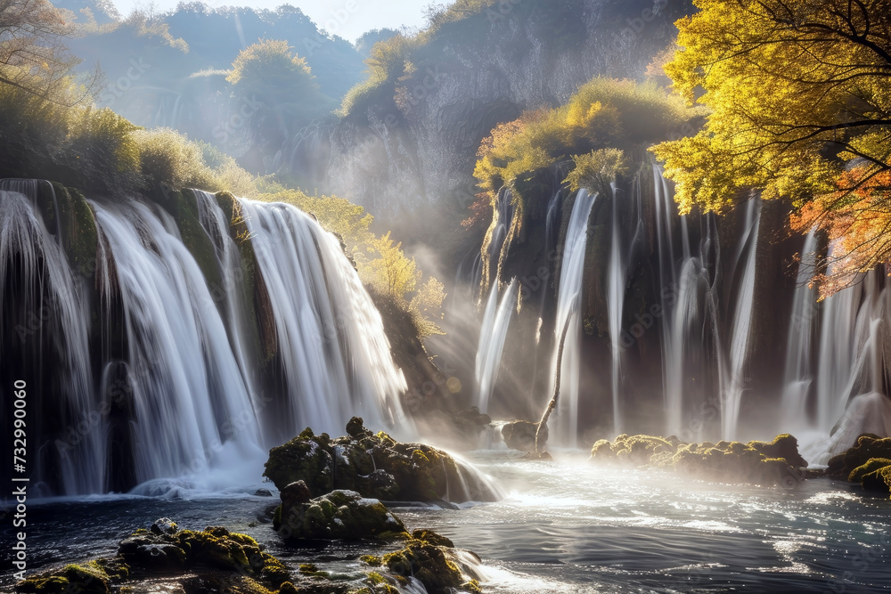The Beautiful Sight of Sunlight Illuminating the Waterfall. Light and ...