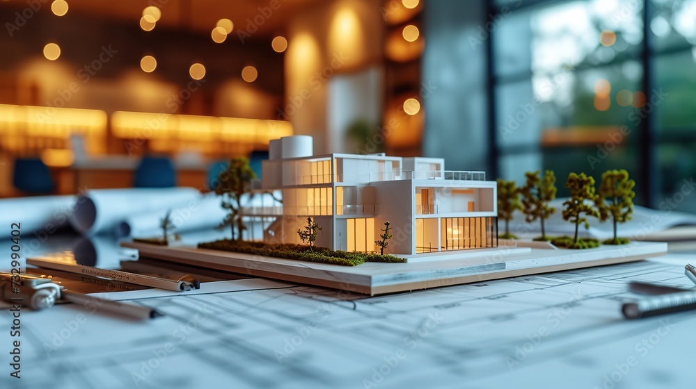 A sophisticated architectural scale model of a contemporary building ...
