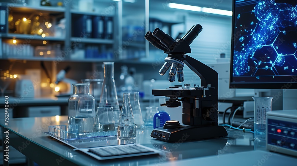 Inside A Sophisticated Laboratory A High Powered Microscope Takes Center Stage Among Various