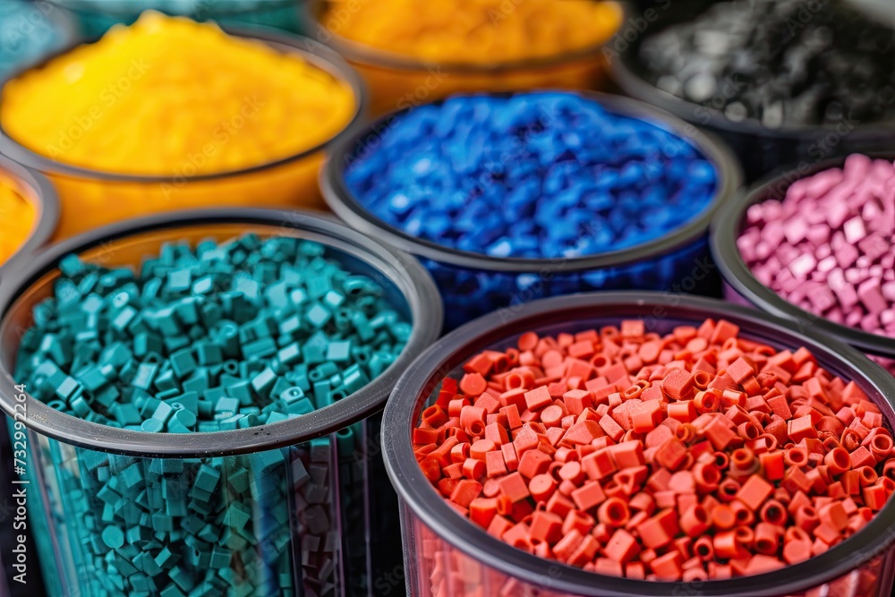 Dyed synthetic polymer resins granulates. Recycled plastic granules ...