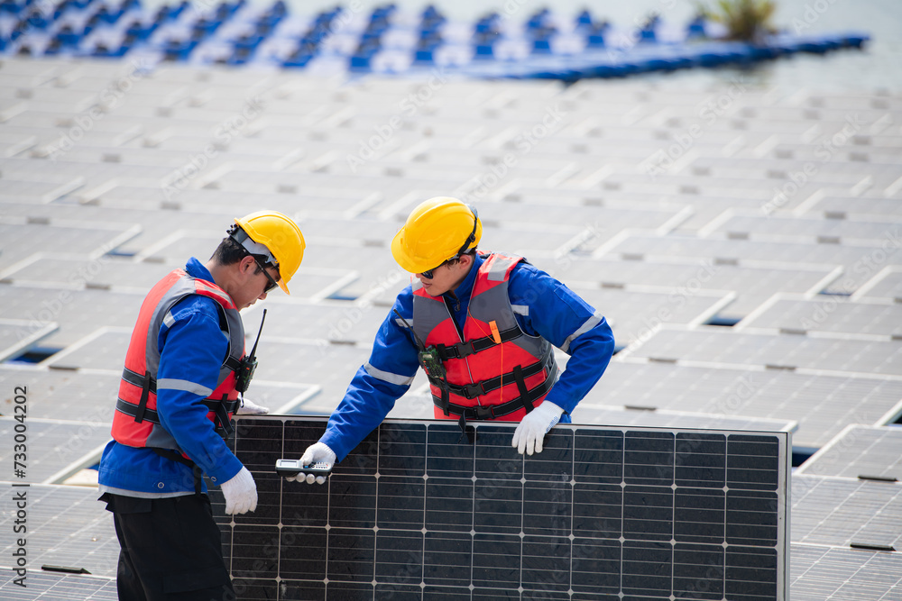 Photovoltaic engineers work on floating photovoltaics. Inspect and ...