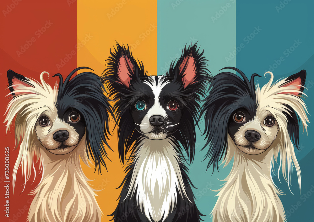 Trio of Dogs Against Bold Color Blocks. Three Chinese Crested dogs with ...