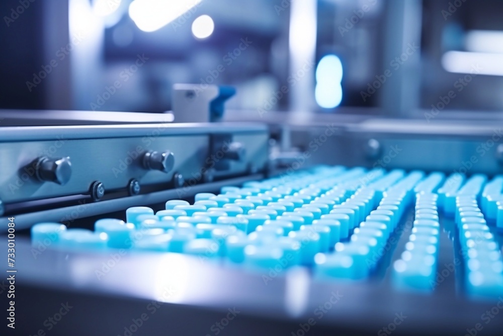 Blue Capsules are Moving on Conveyor at Modern Pharmaceutical Factory ...