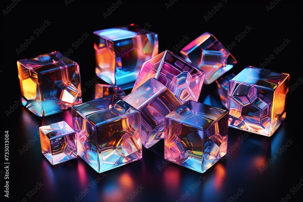 Transparent glass cubes with refraction and holographic effect on a ...