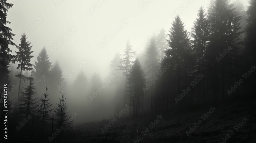 AI-generated illustration of a gloomy, misty forest of evergreen trees ...