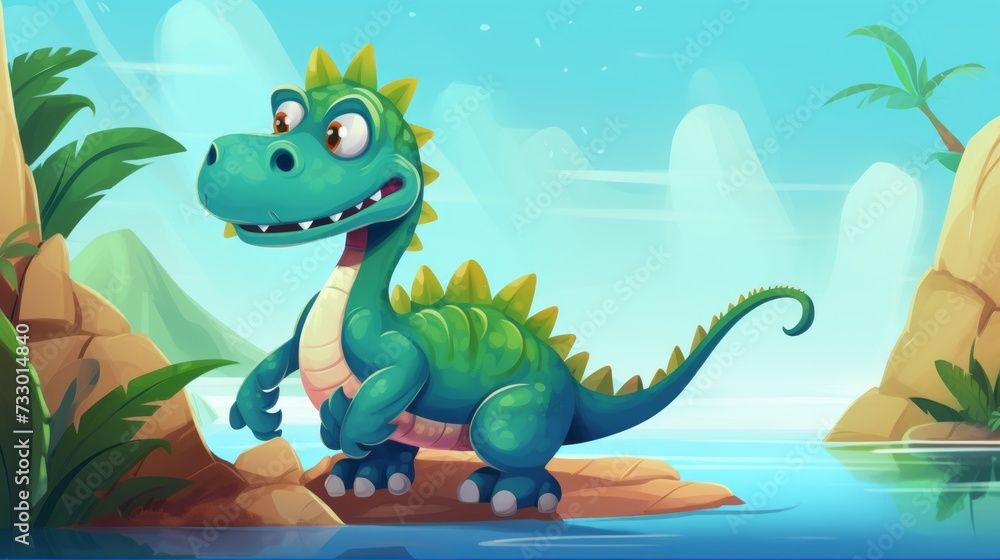 Cartoon tyrannosaurus rex dinosaur in a jungle, illustration for ...