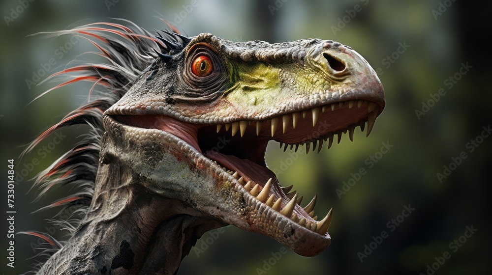 Velociraptor portrait closeup, standing in the woods. Hunting angry ...
