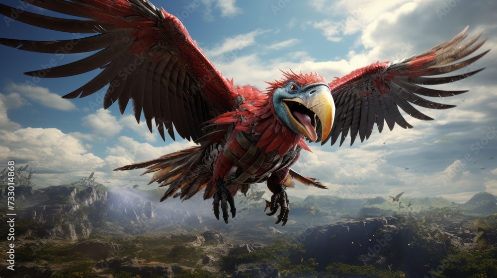 Screeching prehistoric Dinosaur bird with colorful feathers. Concept of ...