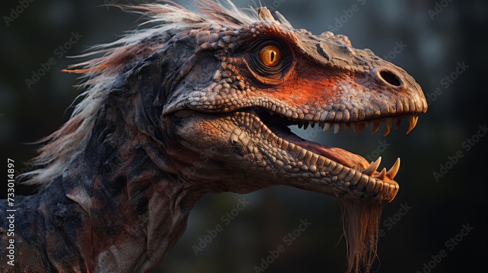 Velociraptor portrait closeup. Hunting angry dinosaur with a growl and ...