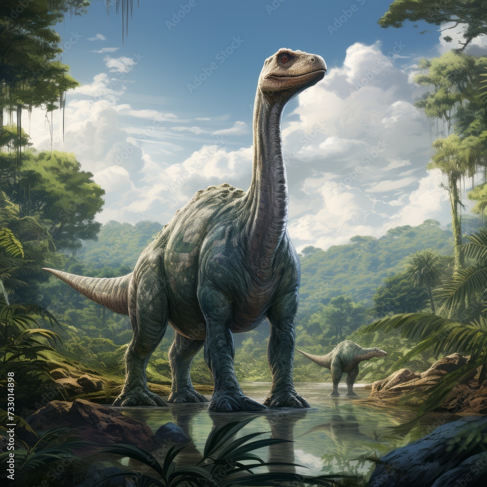 Big prehistoric Dinosaur standing in the jungle, 3D render. Concept art ...