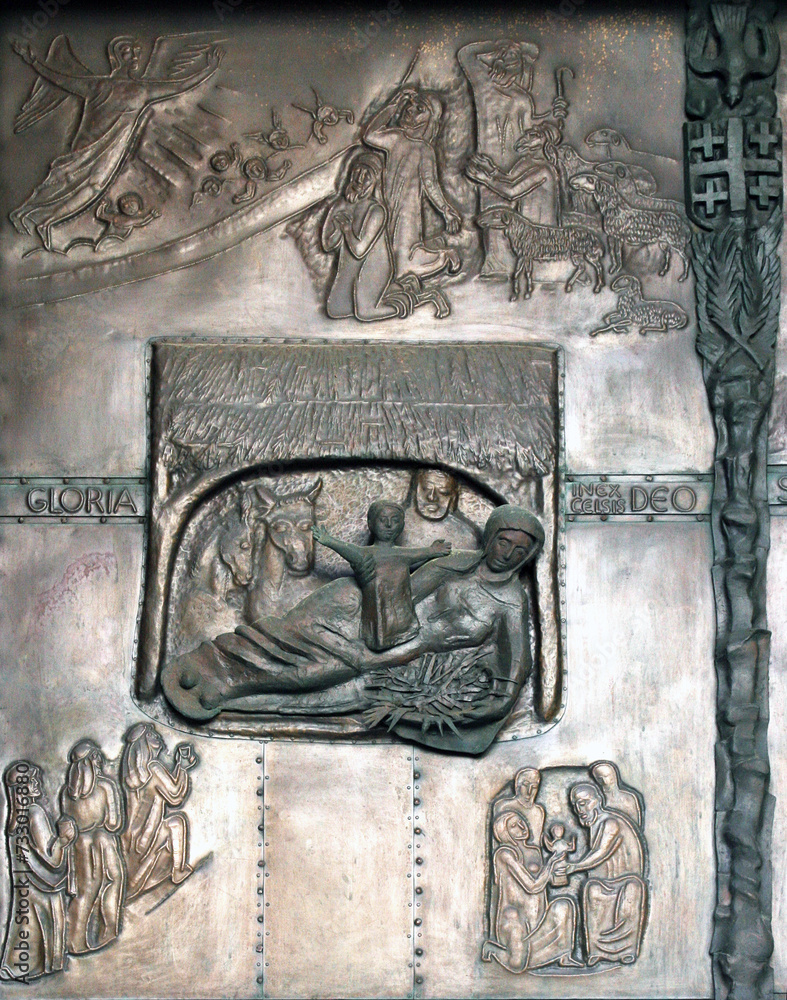 Birth of Jesus, detail of the giant bronze door in the Basilica of the ...