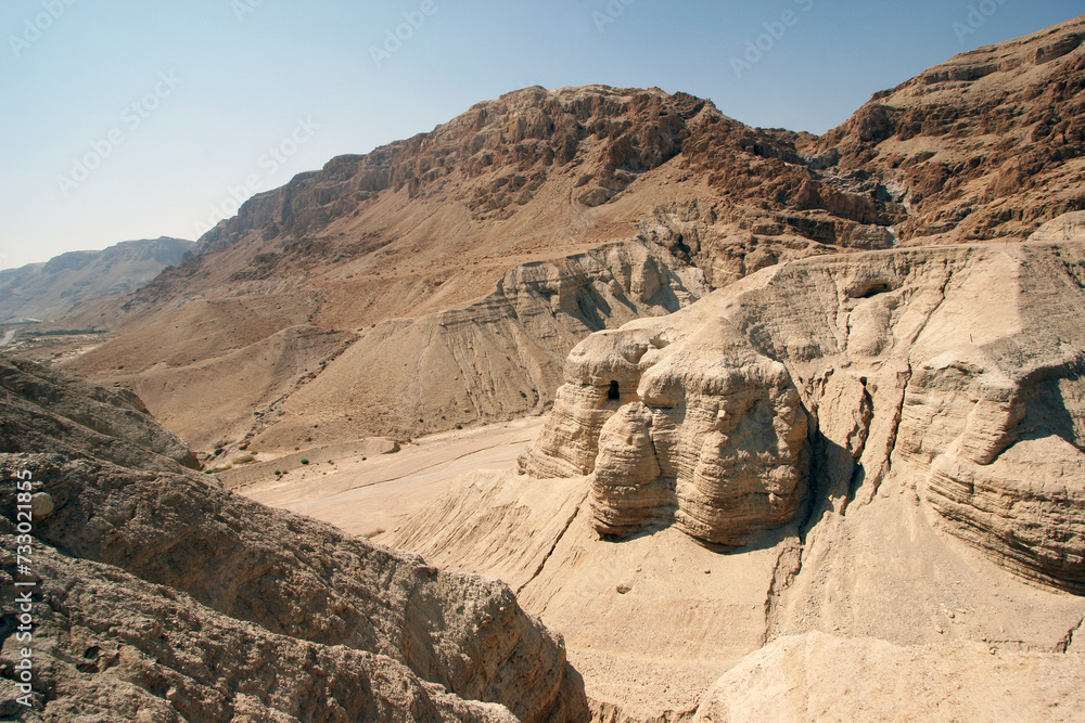 Archaeological site of Qumran where Dead Sea scrolls discovered in caves in cliffs, Judean ...