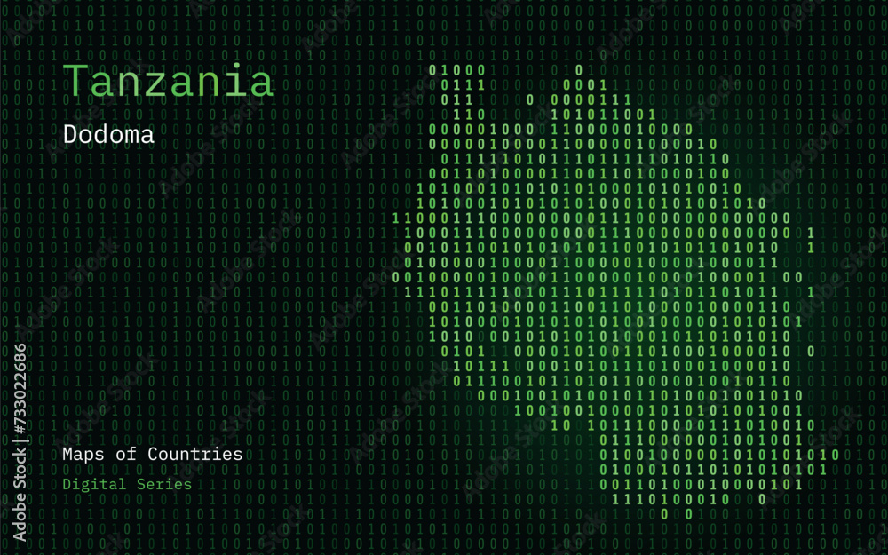 Tanzania, Zanzinar Map Shown in Binary Code Pattern. Matrix numbers, zero, one. World Countries ...