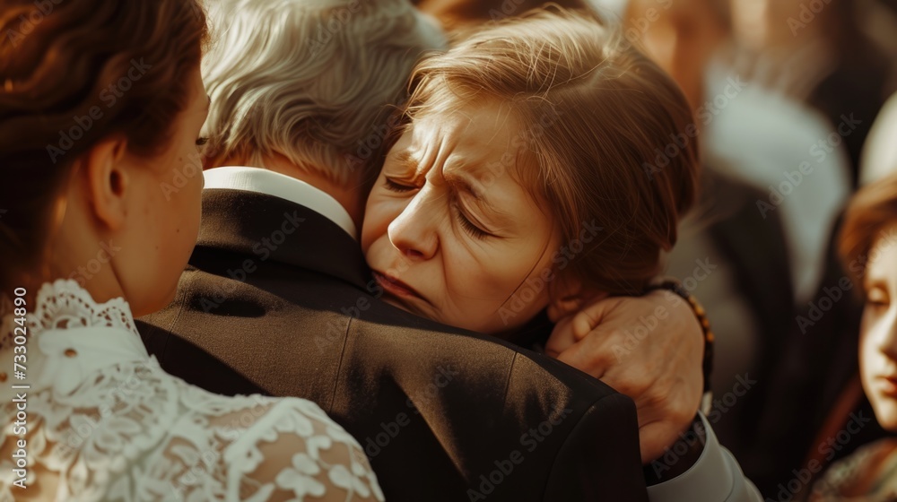 Funeral concept. Crying family and child hug grandmother for support ...