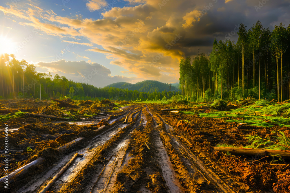 Logging activities juxtaposed with untouched forests, highlighting the ...
